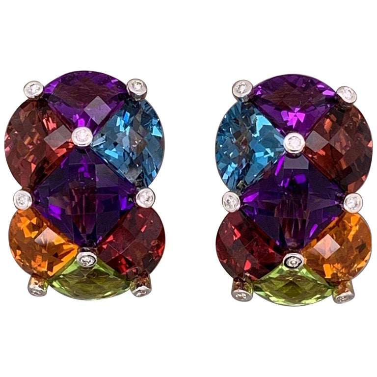 Bellarri Diamond Multi-Color Gemstone Gold Ear-Clip Earrings For Sale ...