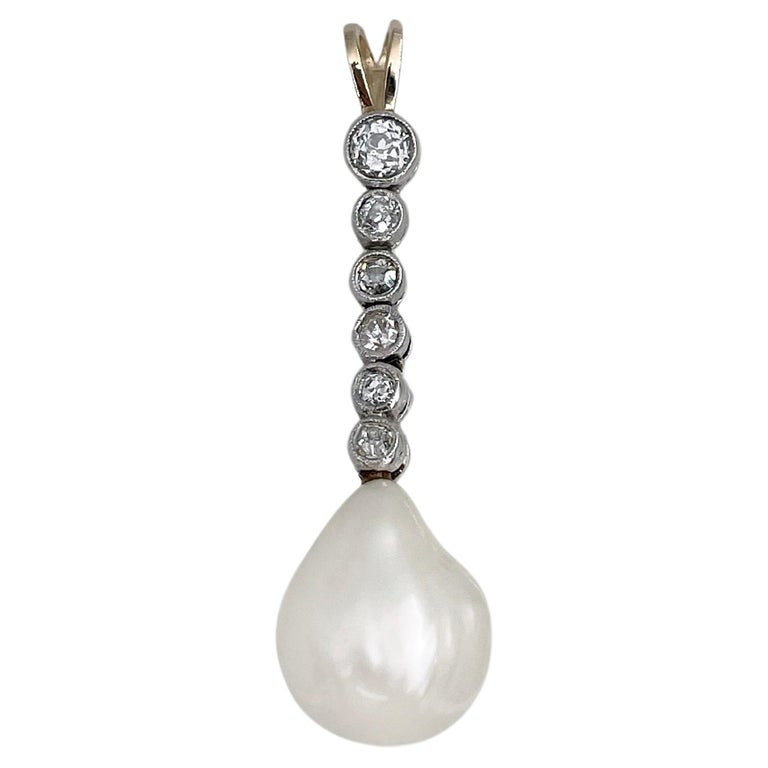 Belle Epoque 18 Karat Gold Natural Pearl Old European Cut Diamond Drop ...