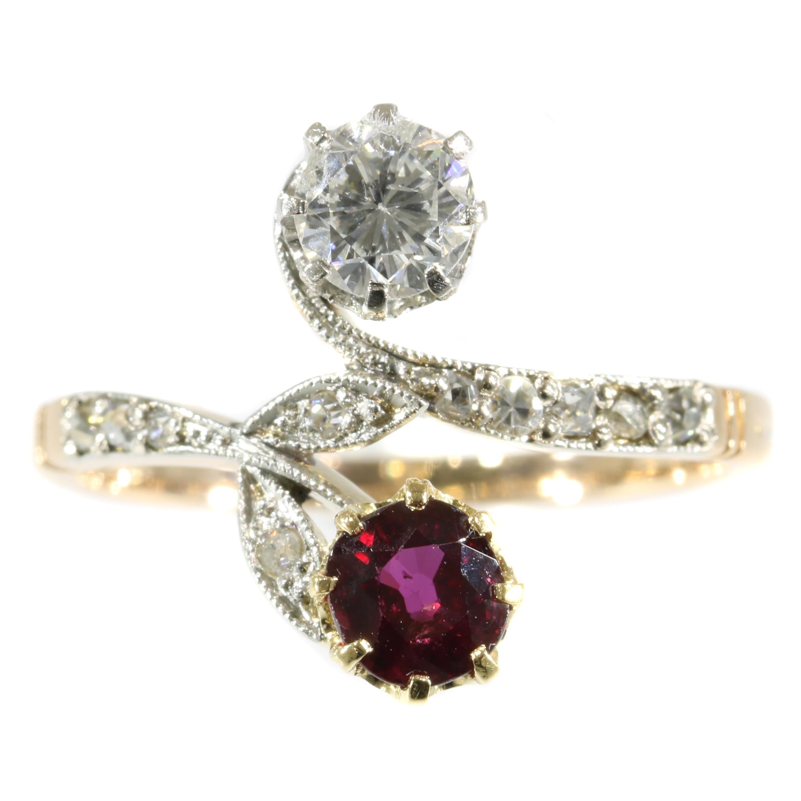 Belle Époque Antique Diamond and Natural Ruby Ring Romantic Motive Toi ...