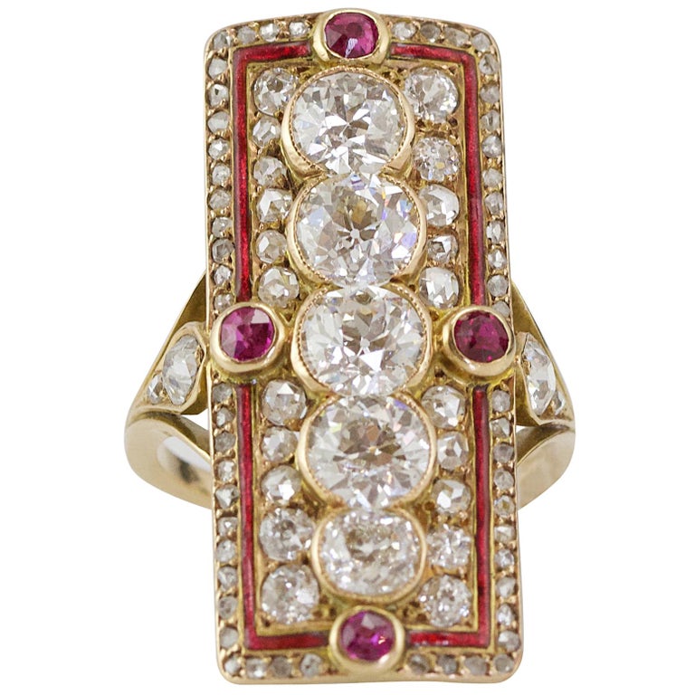 Belle Époque Diamond, Red Enamel and Rubies Marquise Ring For Sale at ...