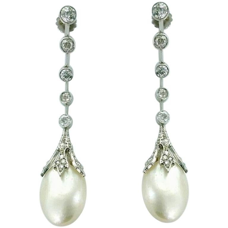 Belle Époque French Natural Pearl Diamond and Platinum Earrings Pendant ...