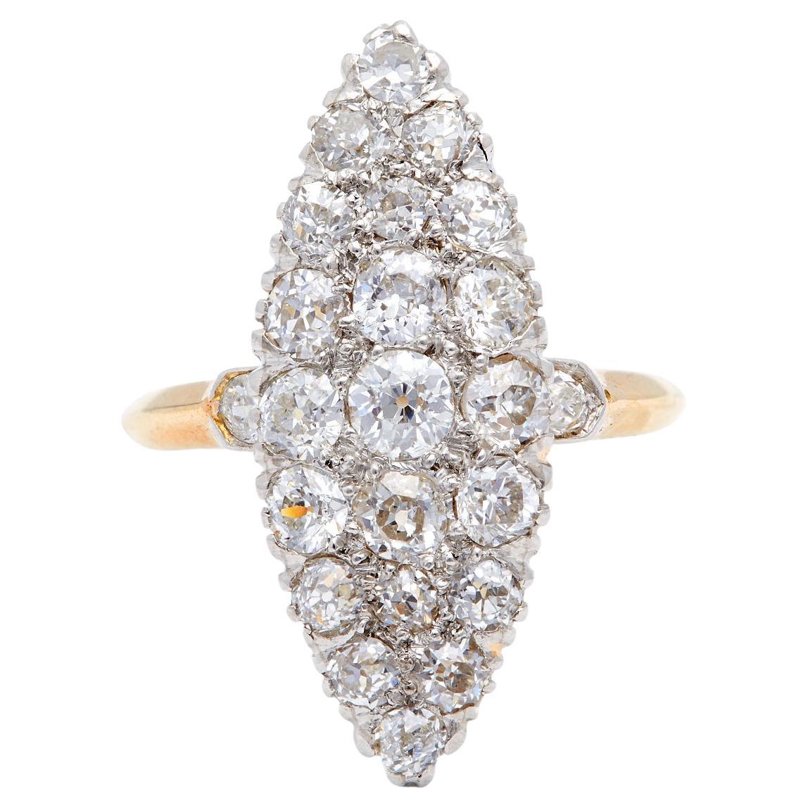 Belle Époque French Diamond Platinum 18k Yellow Gold Navette Ring For Sale at 1stDibs