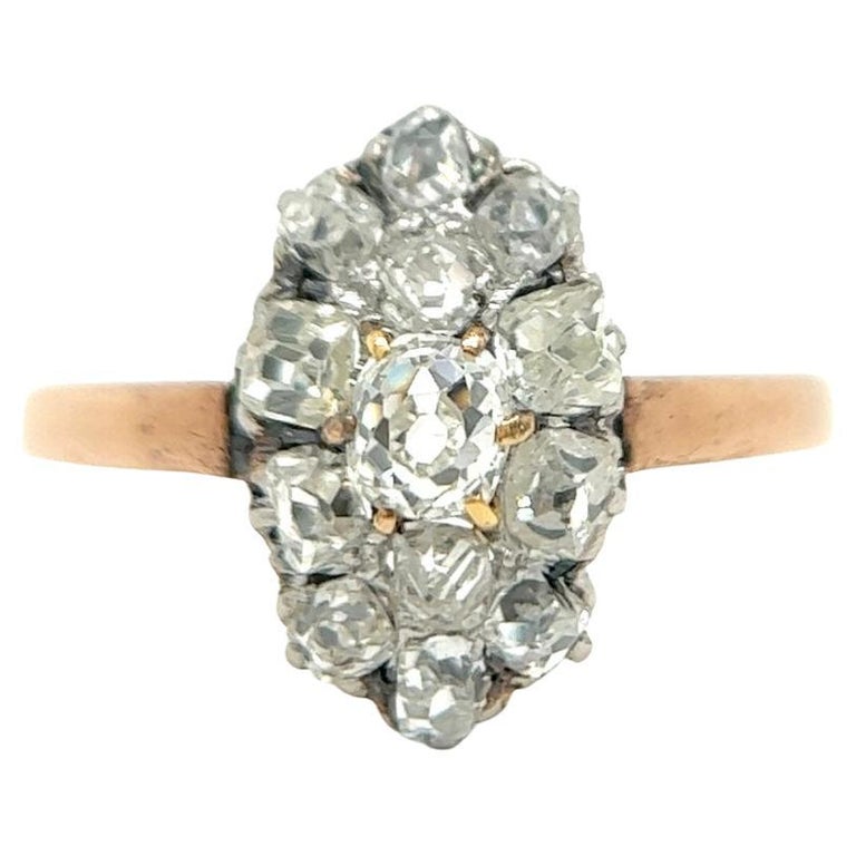 Belle Époque French Old Mine Cut 1.50 Carats Diamonds 18K Rose Gold Navette Ring at 1stDibs