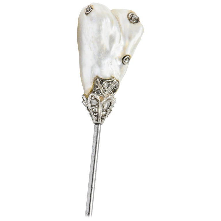 Belle Époque Natural Baroque Pearl Diamond Platinum Hat Pin For Sale at ...