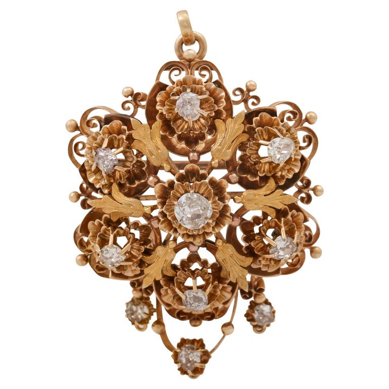 Belle Epoque Pendant/Brosche with Old Cut Diamonds of Approx. 1.7 Ct ...