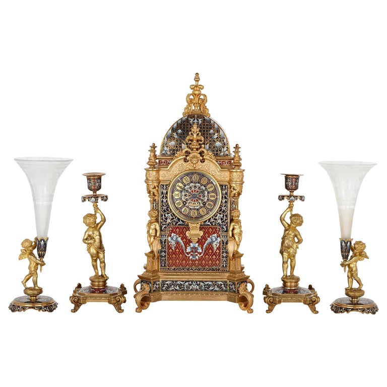 Belle Époque Period Gilt Bronze and Enamel Clock Set For Sale at 1stDibs