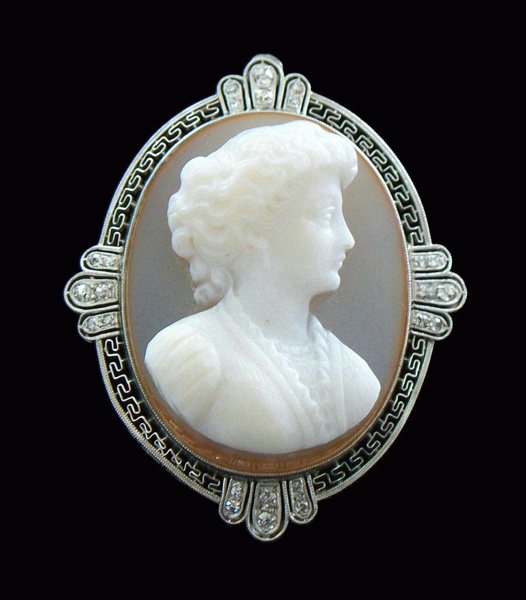 Belle Époque Platinum and Sardonyx Cameo Brooch/Pendant w/ Diamonds ...
