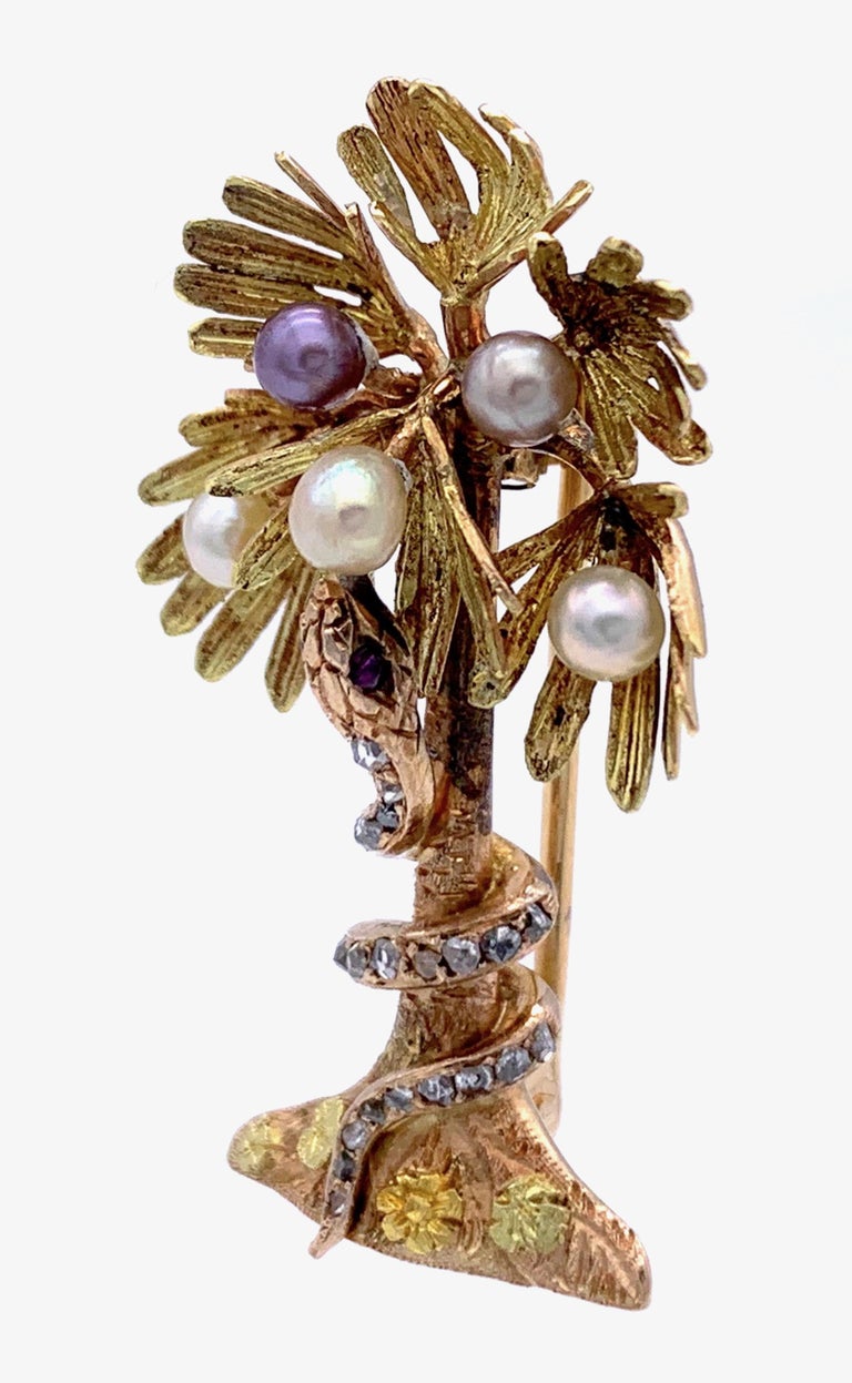 Belle Époque Snake Coconut Palm Tree Diamond Ruby Pearls 18 Karat Two ...
