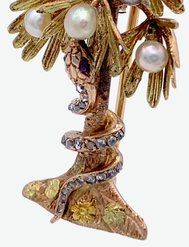 Belle Époque Snake Coconut Palm Tree Diamond Ruby Pearls 18 Karat Two ...