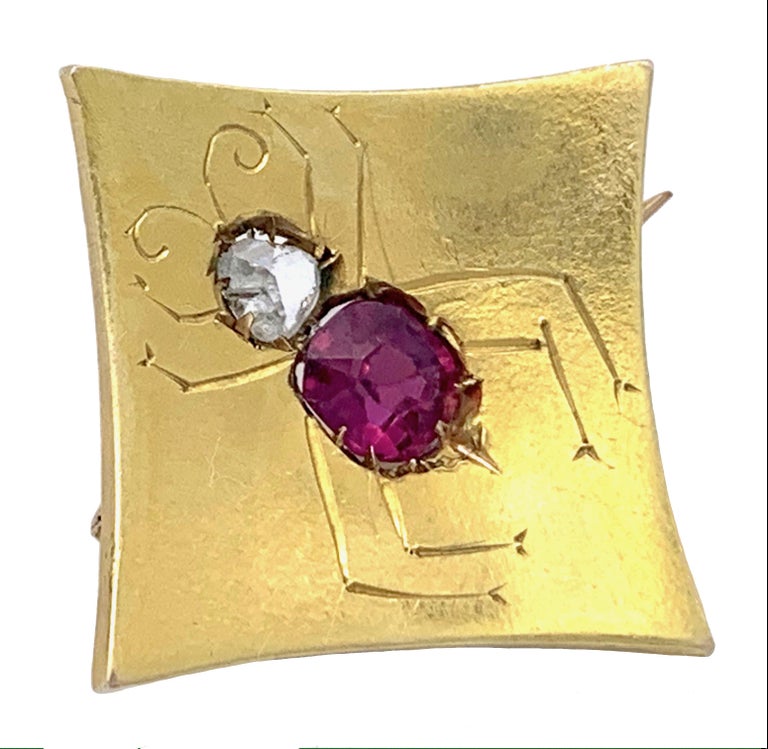 Belle Époque Spider Ruby Diamond 14kt Gold Brooch For Sale at 1stDibs