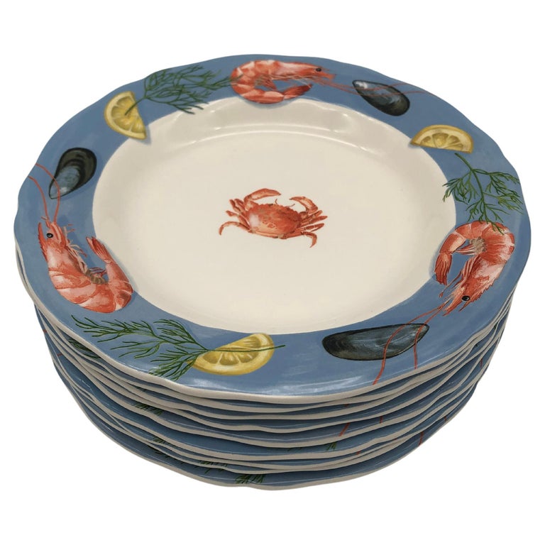 Belle-île by Gien France Seafood Plates, 9 Soup Plates For Sale at 1stDibs
