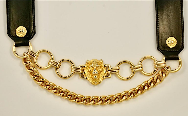 Bellesco Black Leather Belt with Gold Plated Lion Chain Decoration ...