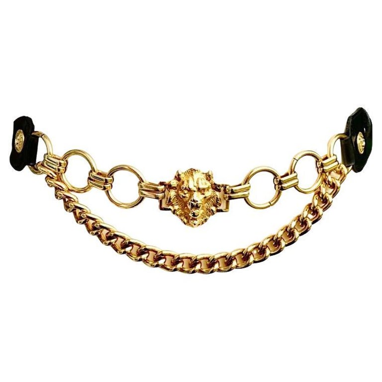 Bellesco Black Leather Belt with Gold Plated Lion Chain Decoration ...