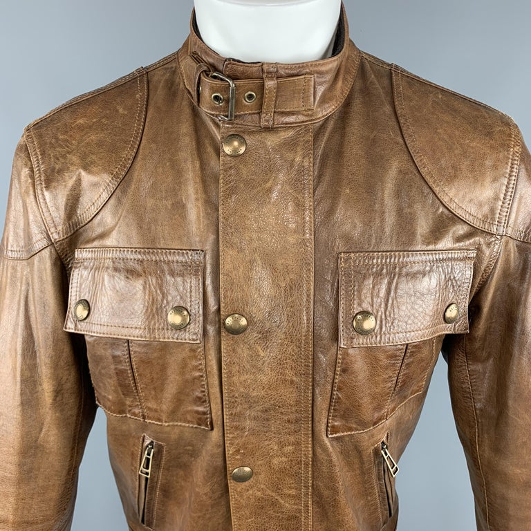 BELSTAFF 36 Brown Leather Zip and Snaps Distressed Motorcycle Jacket at ...