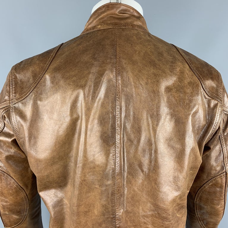BELSTAFF 36 Brown Leather Zip and Snaps Distressed Motorcycle Jacket at ...