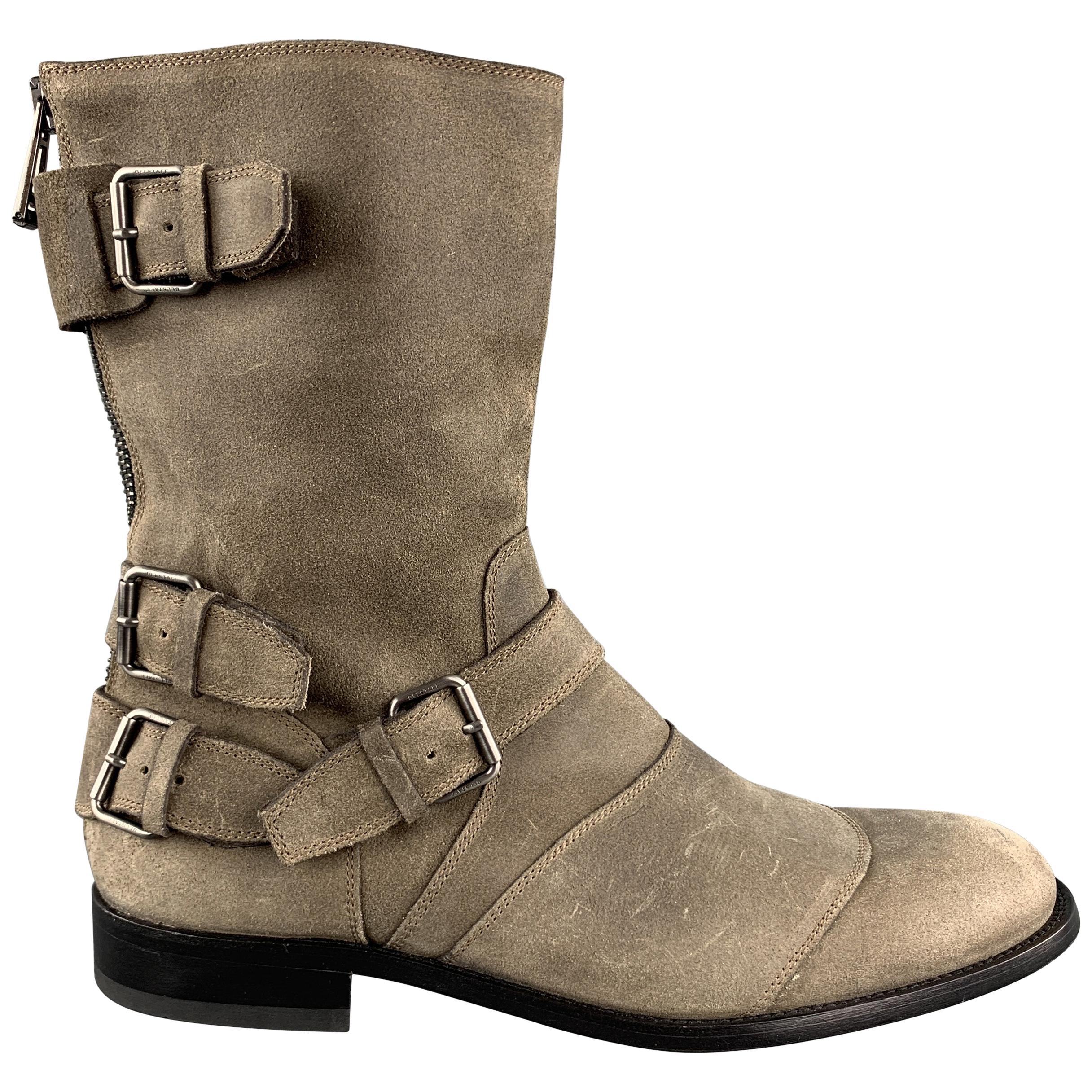 BELSTAFF Size 11 Taupe Distressed Suede Zip and Belt Ankle Boots at 1stDibs