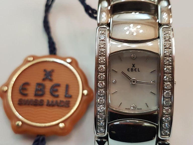Beluga Manchette Diamond Bezel Steel Bracelet with White Mother of ...