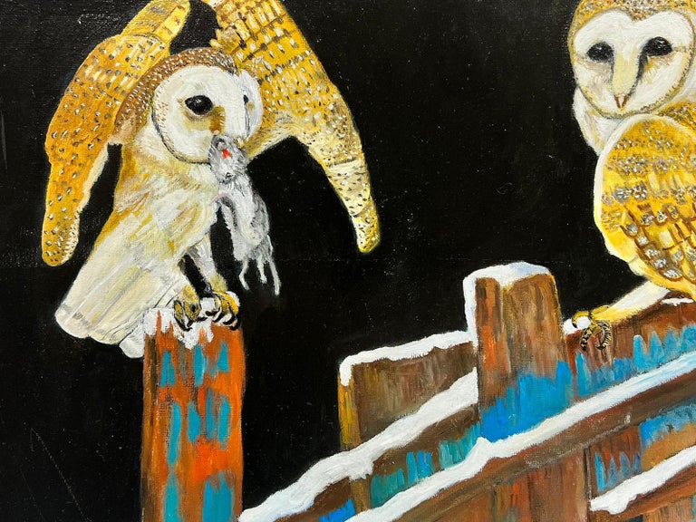 Ben Powell - Contemporary British Acrylic Painting 2 Owls on old Wooden ...