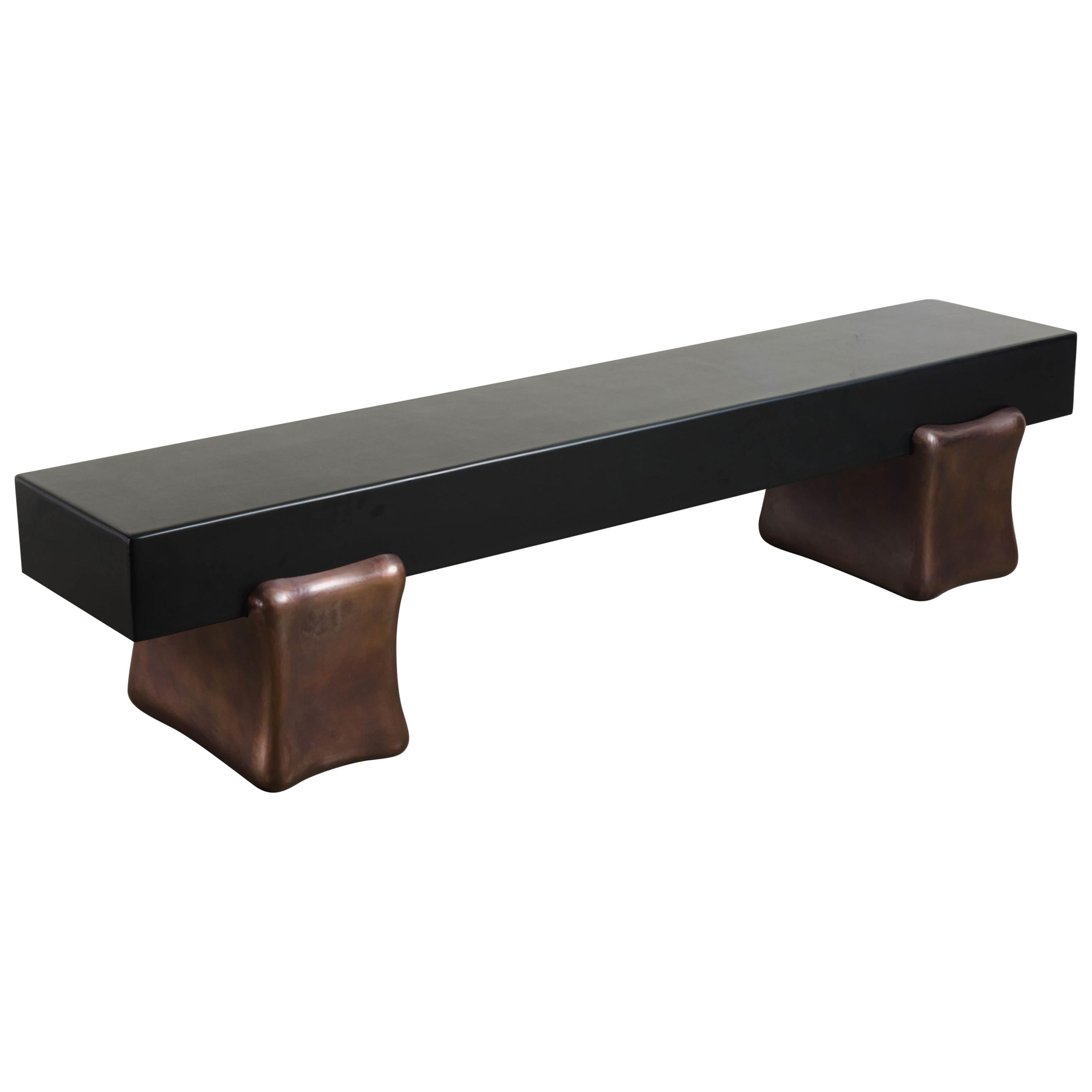 Bench with Pillow Design Bases in Black Lacquer Top and Copper Bases ...