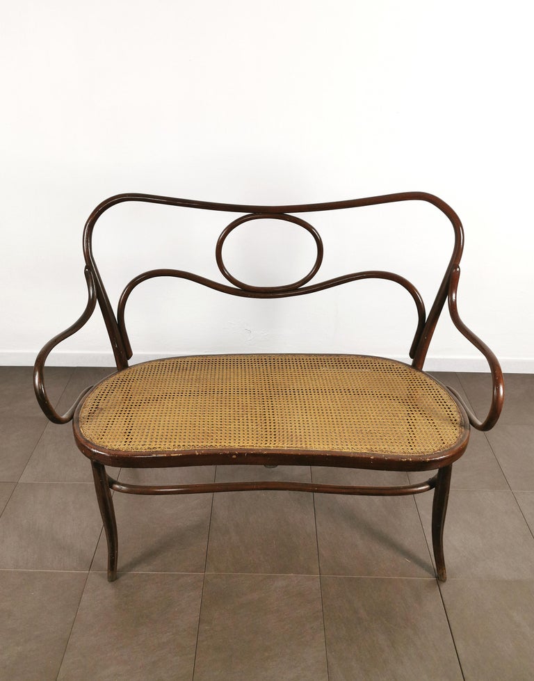 Bench Wood Curved Attributed to Thonet Vienna Straw Midcentury Austria ...