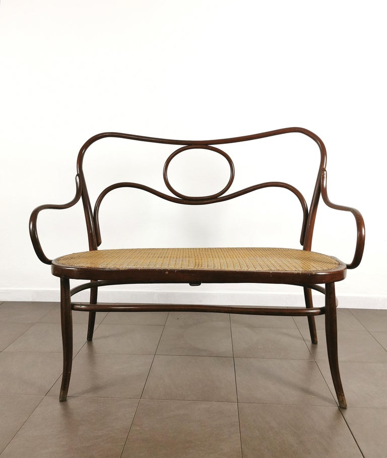 Bench Wood Curved Attributed to Thonet Vienna Straw Midcentury Austria ...