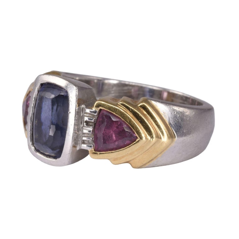 Benitoite 18K and Platinum Ring with Rhodolite Garnets For Sale at 1stDibs