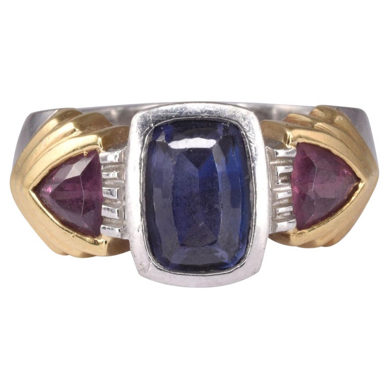Benitoite 18K and Platinum Ring with Rhodolite Garnets For Sale at 1stDibs