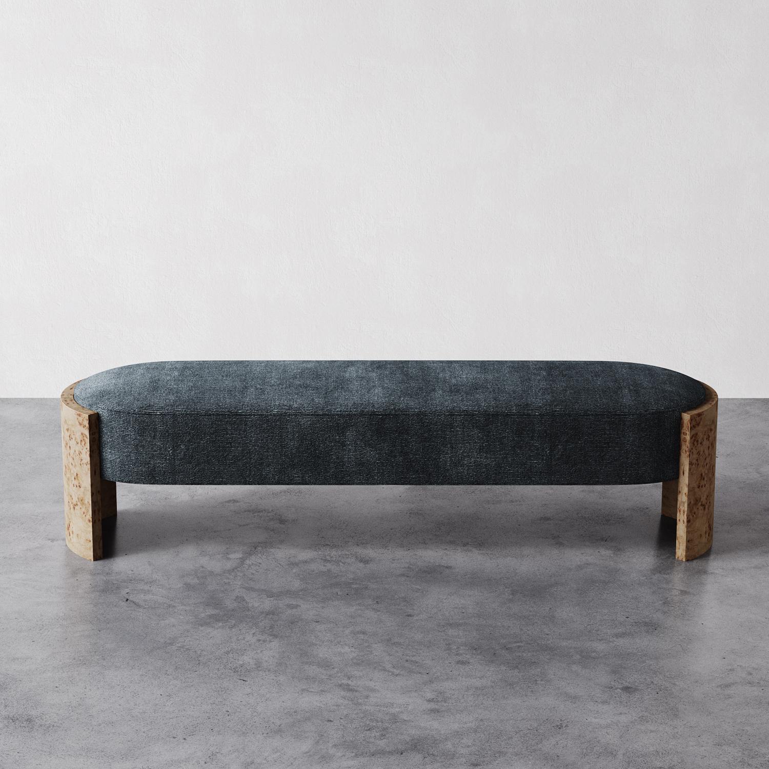 "Benoit" Curved Burl Bench in Deep Teal Faux Mohair by Christiane ...