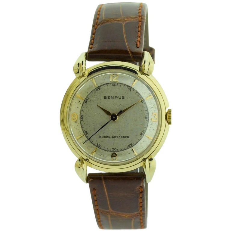 Benrus 14 Karat Yellow Gold Art Deco Wristwatch with Original Patinated ...