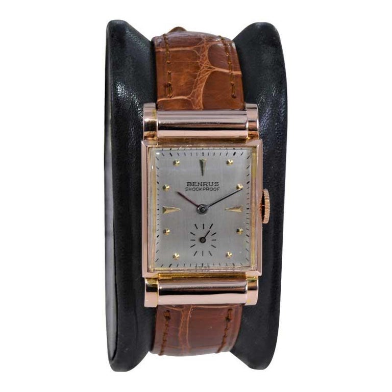 Benrus Solid Rose Gold Art Deco Tank Style Watch from 1940's at 1stDibs