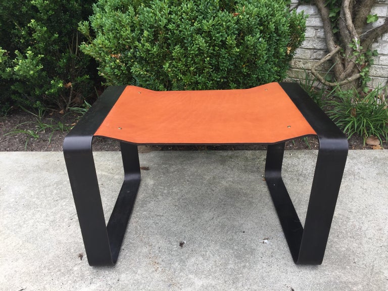 Bent Flat Iron Bench with Cognac Leather Seat For Sale at 1stDibs