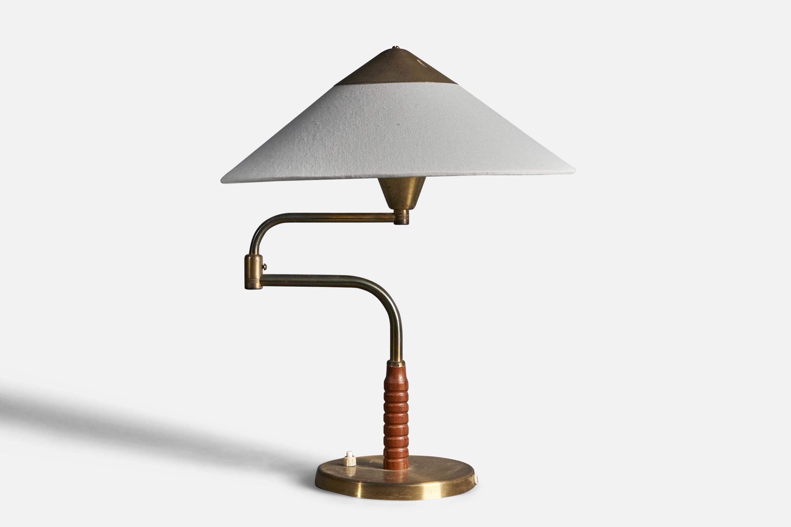 Bent Karlby, Table Lamp, Brass, Elm, Fabric, Denmark, 1940s For Sale at ...