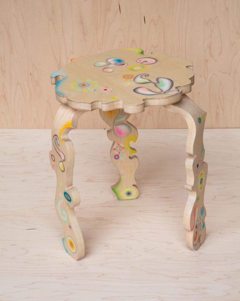 Bent Wood Stool Adorned with Colored Pencil Drawings For Sale at 1stDibs