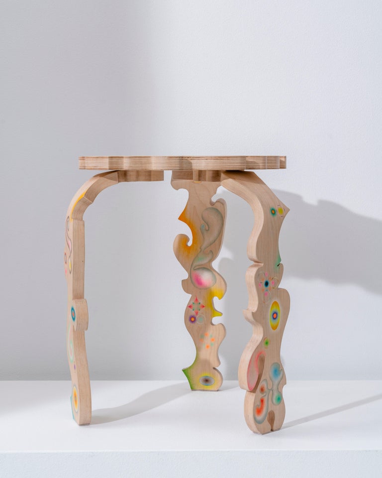 Bent Wood Stool Adorned with Colored Pencil Drawings For Sale at 1stDibs