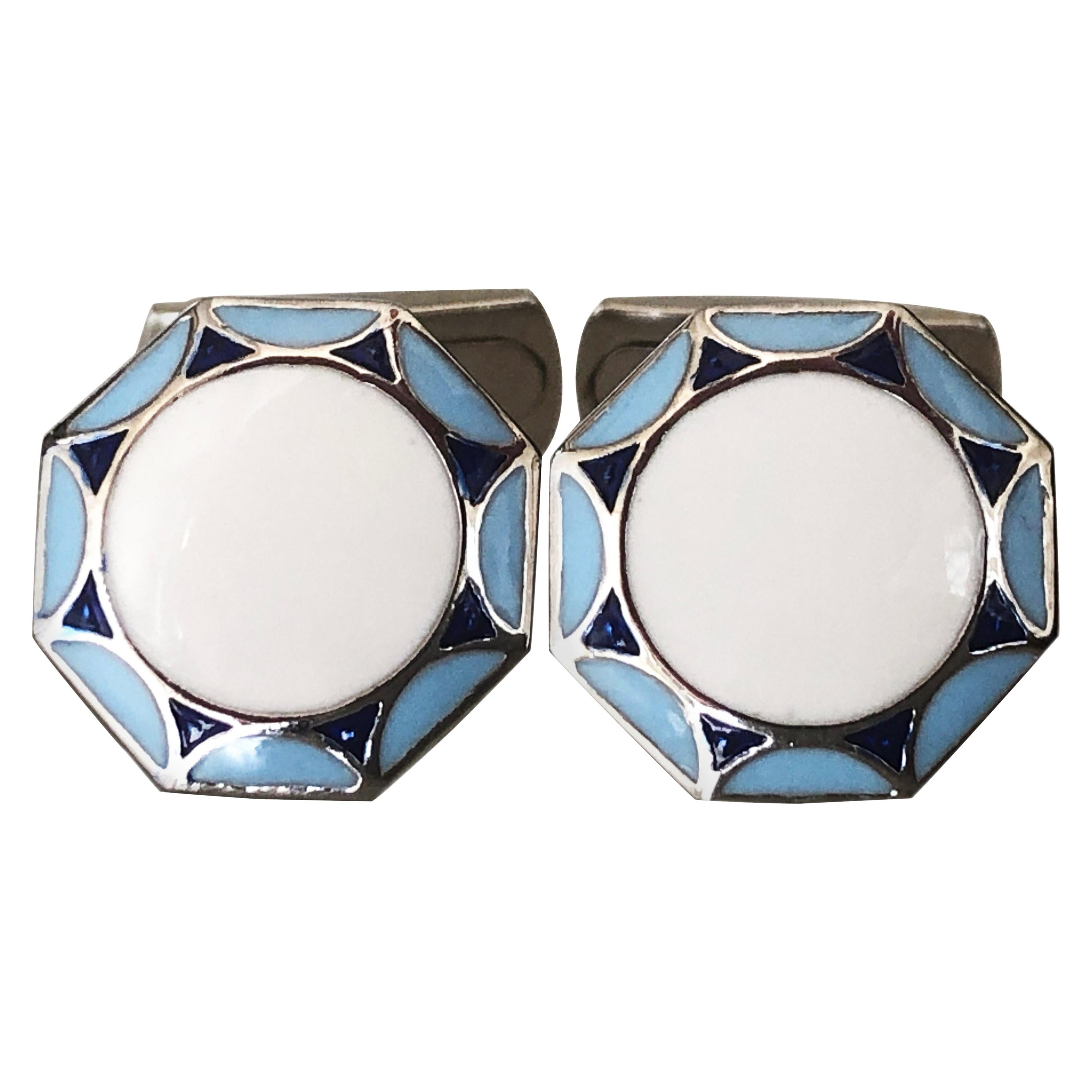 SHREVE AND CRUMP Fleur D'lys Navy Blue Enamel Cufflinks at 1stDibs