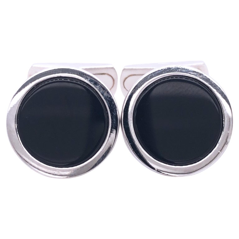 Natural Onyx Round Shaped Sterling Silver Cufflinks For Sale at 1stDibs