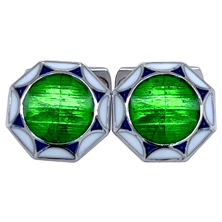 Berca Octagonal White Blue Green Enameled Sterling Silver Cufflinks T ...