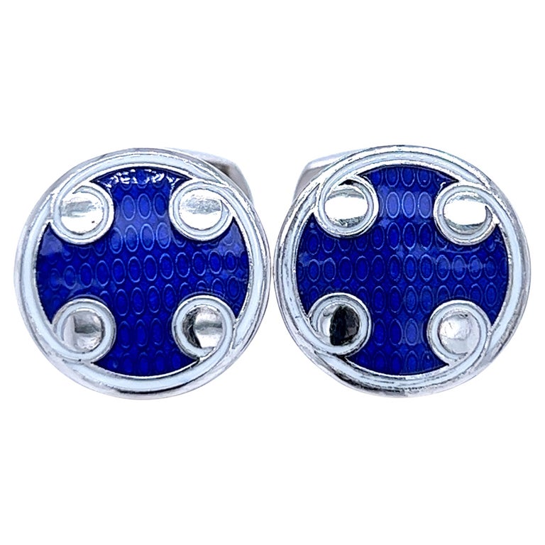 Berca White Navy Blue Round Hand Enameled Sterling Silver Cufflinks For ...