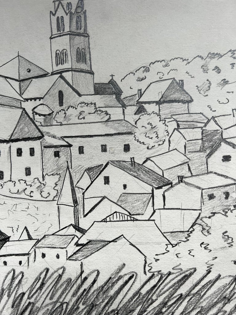 Bernard Labbe - 1950's Modernist/ Cubist Painting - Drawing Church and ...