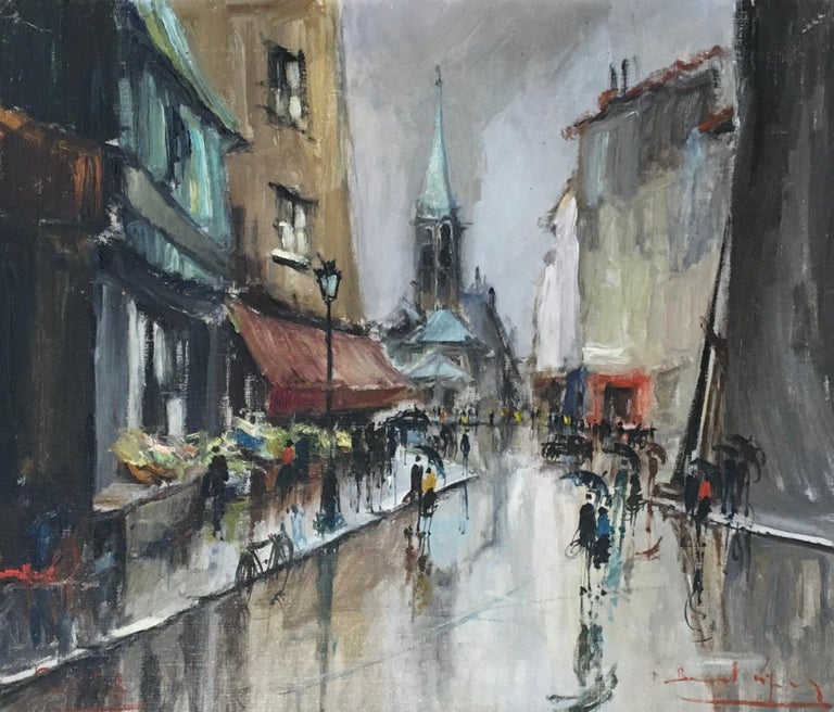 Bernard Lignon - Rue du marché animée par un jour de pluie En vente sur 1stDibs