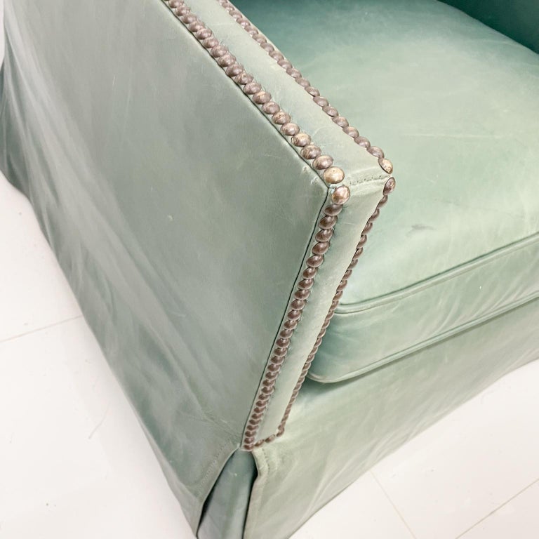 Bernhardt Classic Club Armchair in Aqua Delano Leather with Brass Nail ...