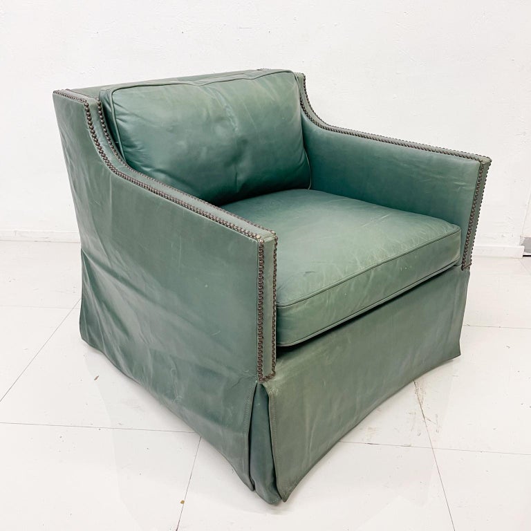 Bernhardt Classic Club Armchair in Aqua Delano Leather with Brass Nail ...