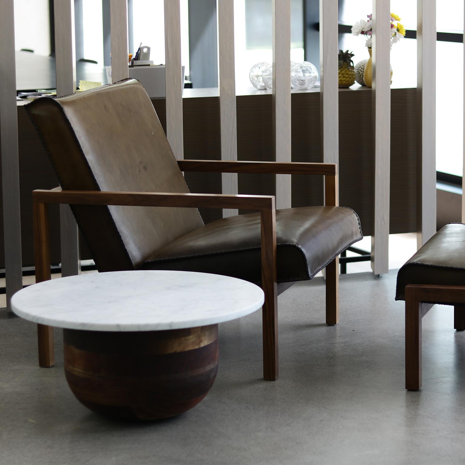 Bertrand Honed Carrera Marble and Walnut Round Pedestal Side Table For ...