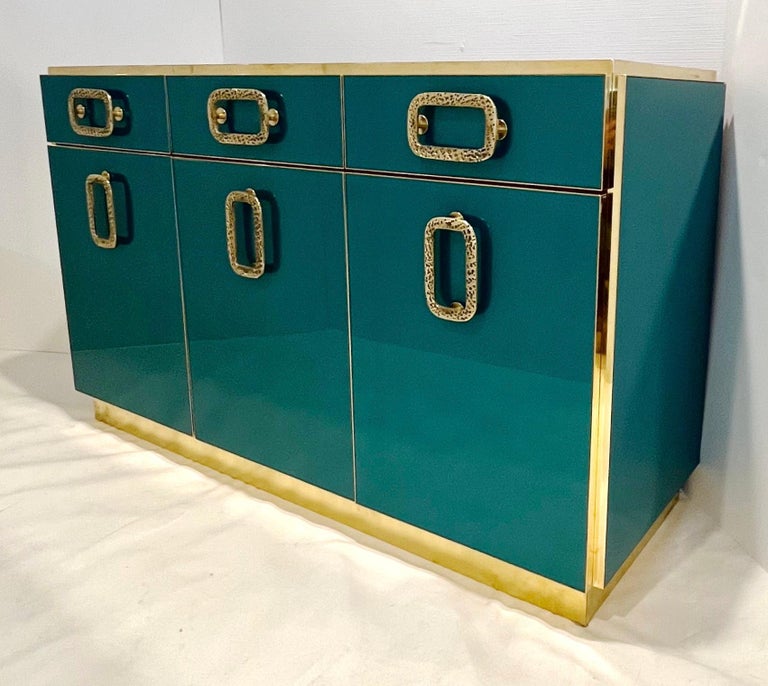 Bespoke Italian Art Design Brass Metallic Emerald Blue Glass Dresser ...