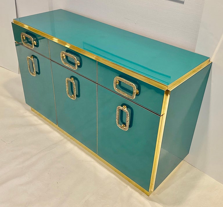 Bespoke Italian Art Design Brass Metallic Emerald Blue Glass Dresser ...