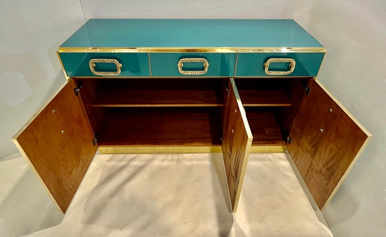 Bespoke Italian Art Design Brass Metallic Emerald Blue Glass Dresser ...