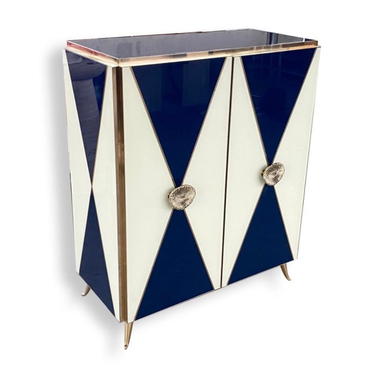Bespoke Italian Art Design Brass White and Dark Blue Glass 2-Door ...