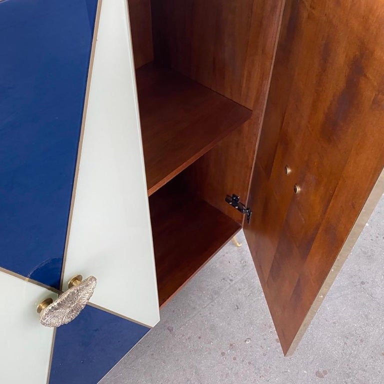 Bespoke Italian Art Design Brass White and Dark Blue Glass 2-Door ...