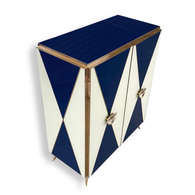 Bespoke Italian Art Design Brass White and Dark Blue Glass 2-Door ...