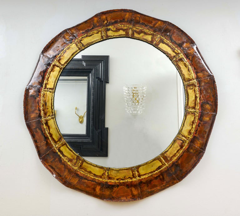 Bespoke Italian Brass and Copper Enameled Mirror For Sale at 1stDibs